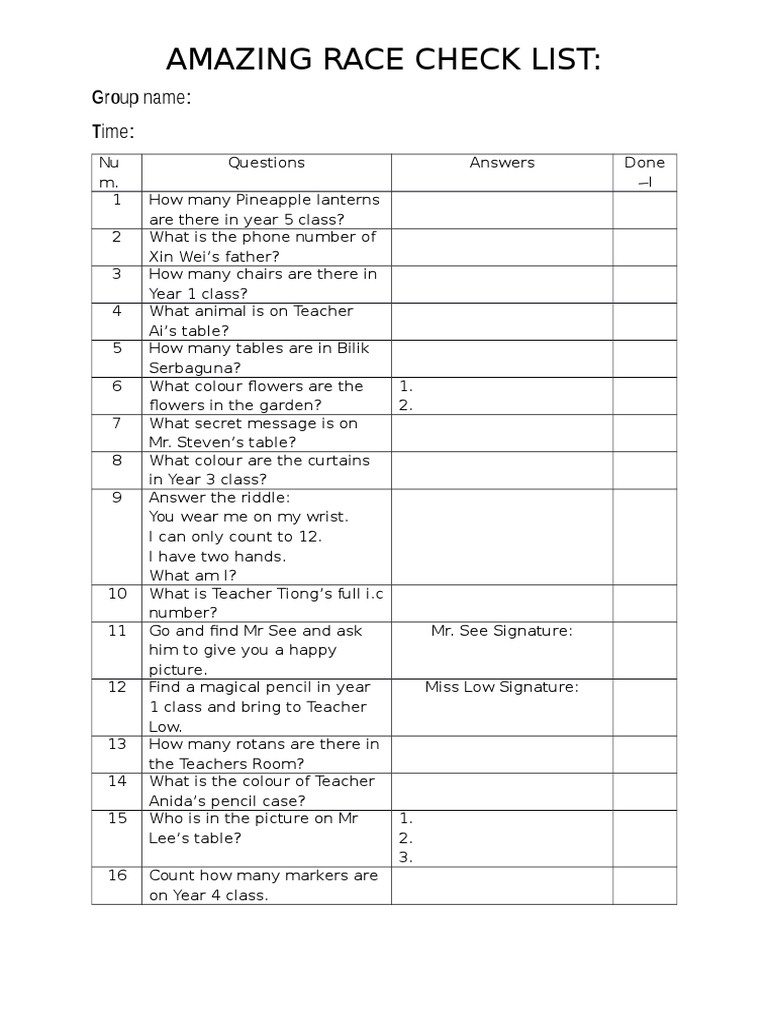 Amazing Race Check List:: Group Name: Time | PDF