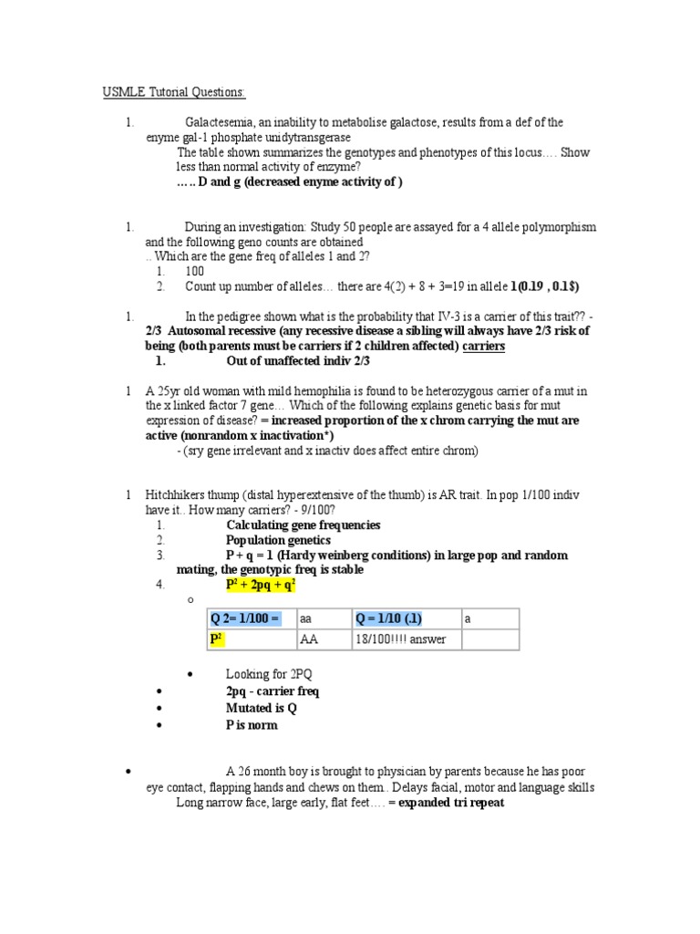 USMLE Tutorial Questions | PDF | Allele | Dominance (Genetics)