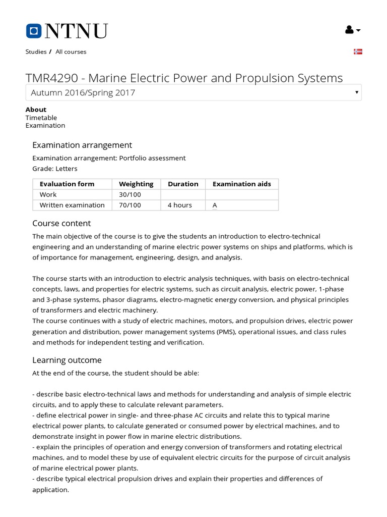 Course - Marine Electric Power and Propulsion Systems - TMR4290 - NTNU ...