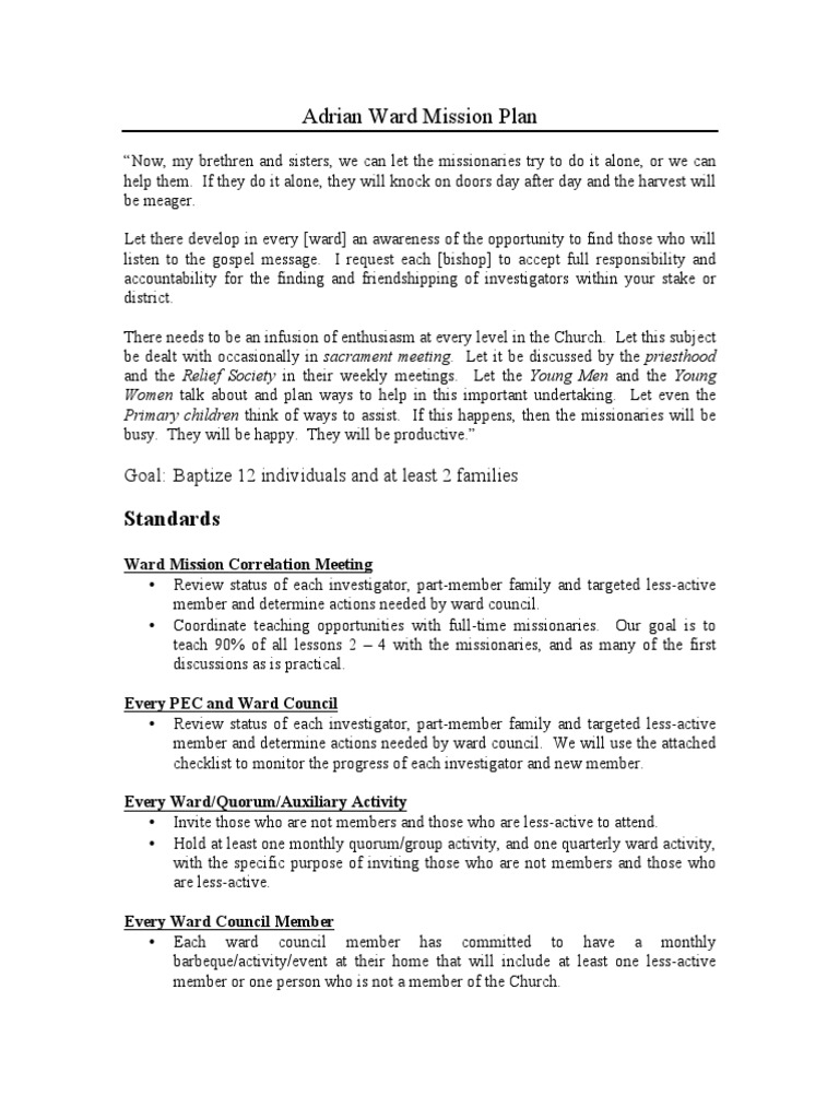 Adrian Mission Plan | PDF | Missionary (Lds Church) | Mormonism