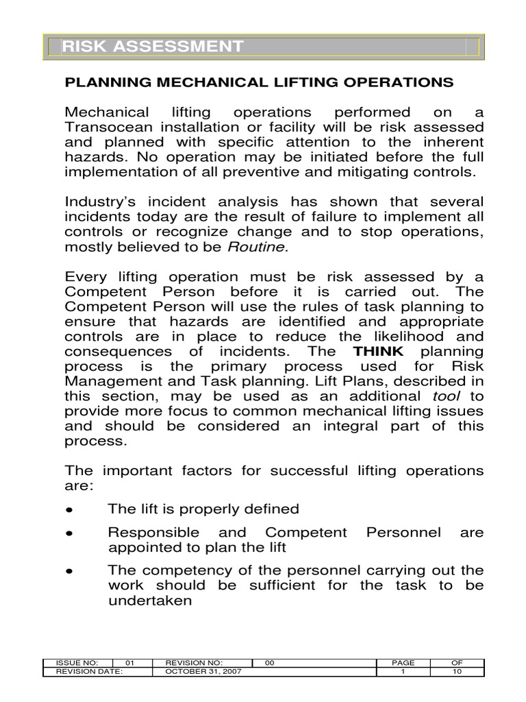 07 - Lifting Handbook - Risk Assessment and Lift Plan | Crane (Machine ...