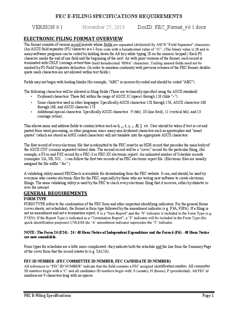 FEC Electronic Filing Specifications | Ascii | Comma Separated Values