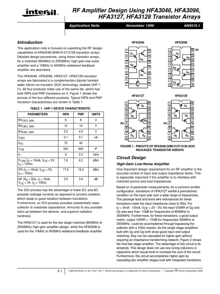 RF Amplifier Design Using HFA3046, HFA3096, HFA3127, HFA3128 Transistor ...