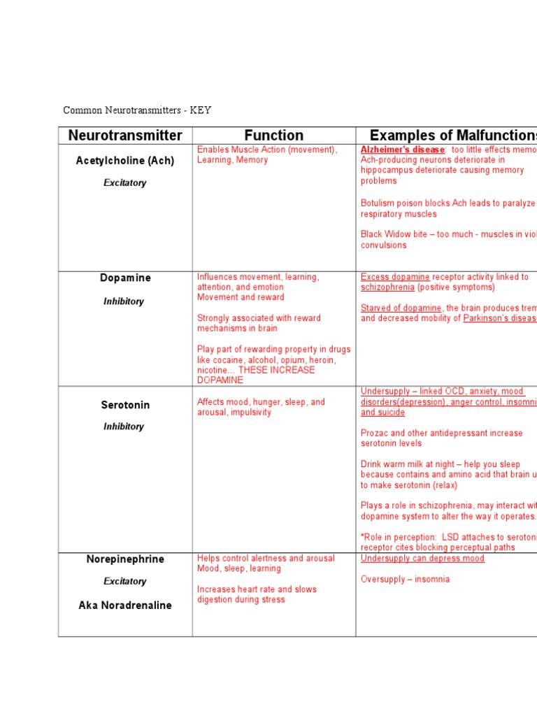 Neurotransmitters And Their Functions Chart