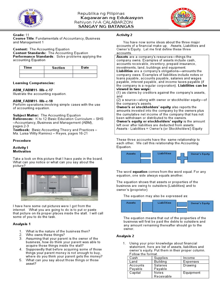 Grade 11 Accounting Equation Lesson Plan | PDF | Equity (Finance ...
