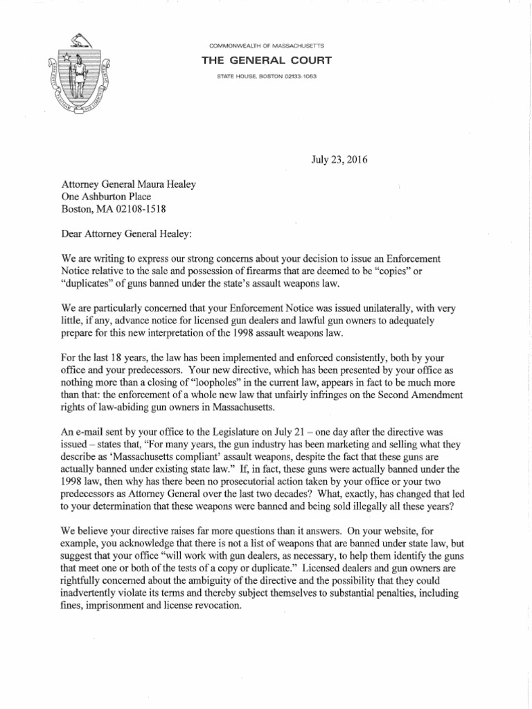 Gun directive letter to AG Healey from 48 Mass. legislators