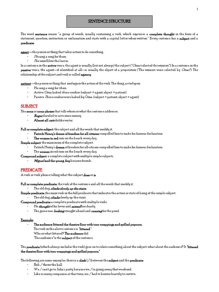1 Sentence Structure PDF | Download Free PDF | Object (Grammar ...
