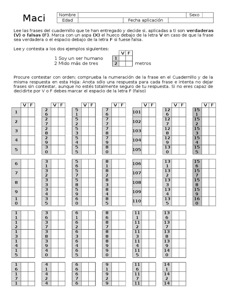 Hoja de Respuestas Inventario (MACI) (FORM ALT)