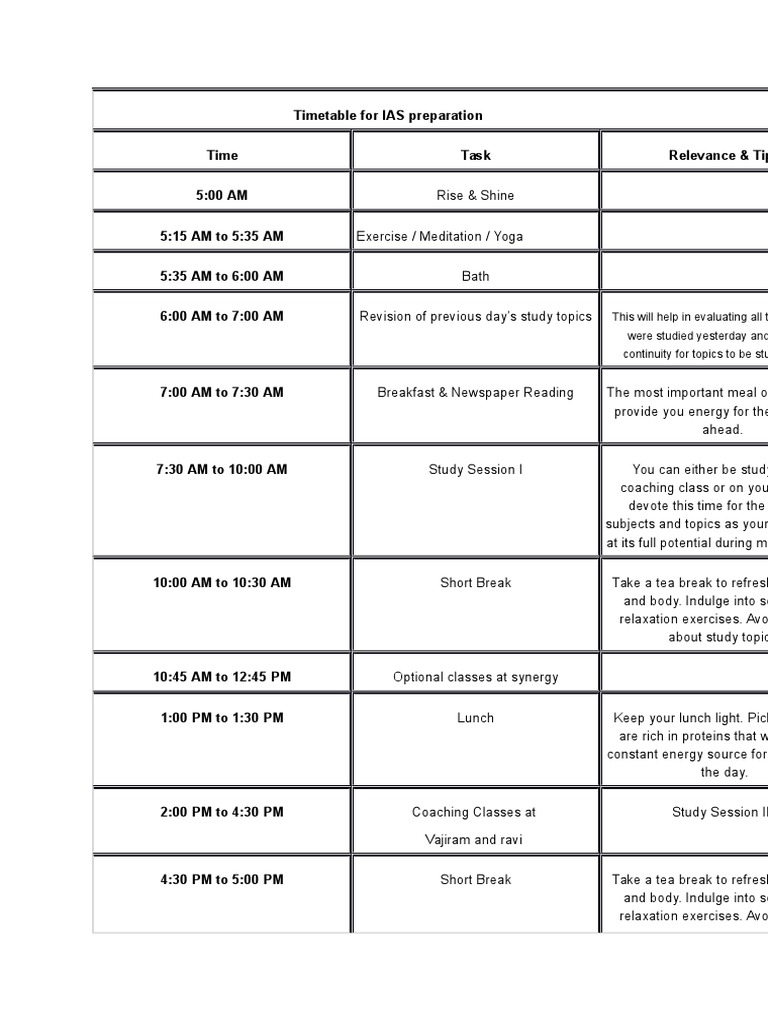 Timetable For IAS Preparation | PDF | Wellness | Lifestyle