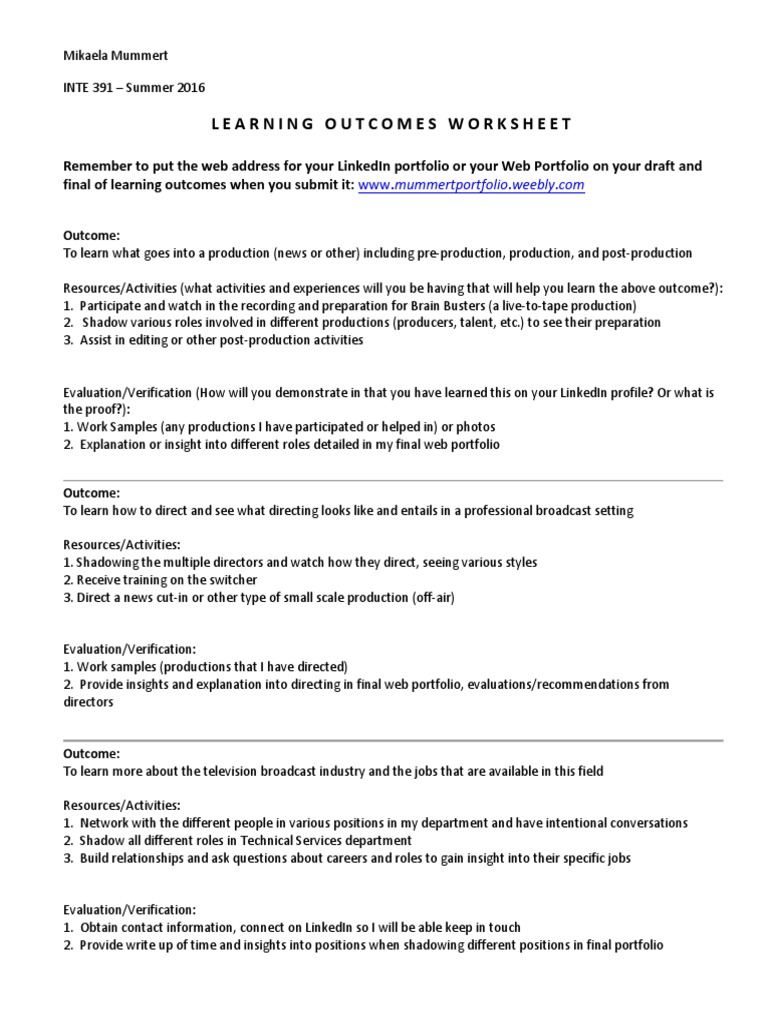 Learning Outcomes Worksheet | PDF | Psychological Concepts | Communication
