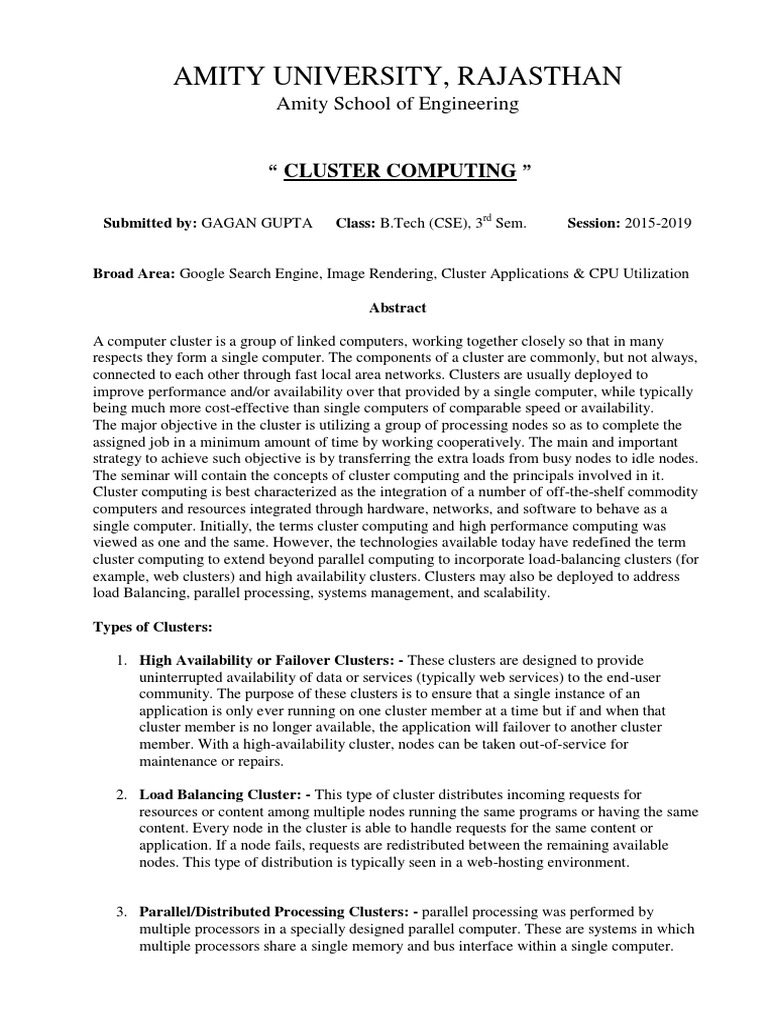 Amity University, Rajasthan: " Cluster Computing " | PDF | Computer Cluster | Parallel Computing