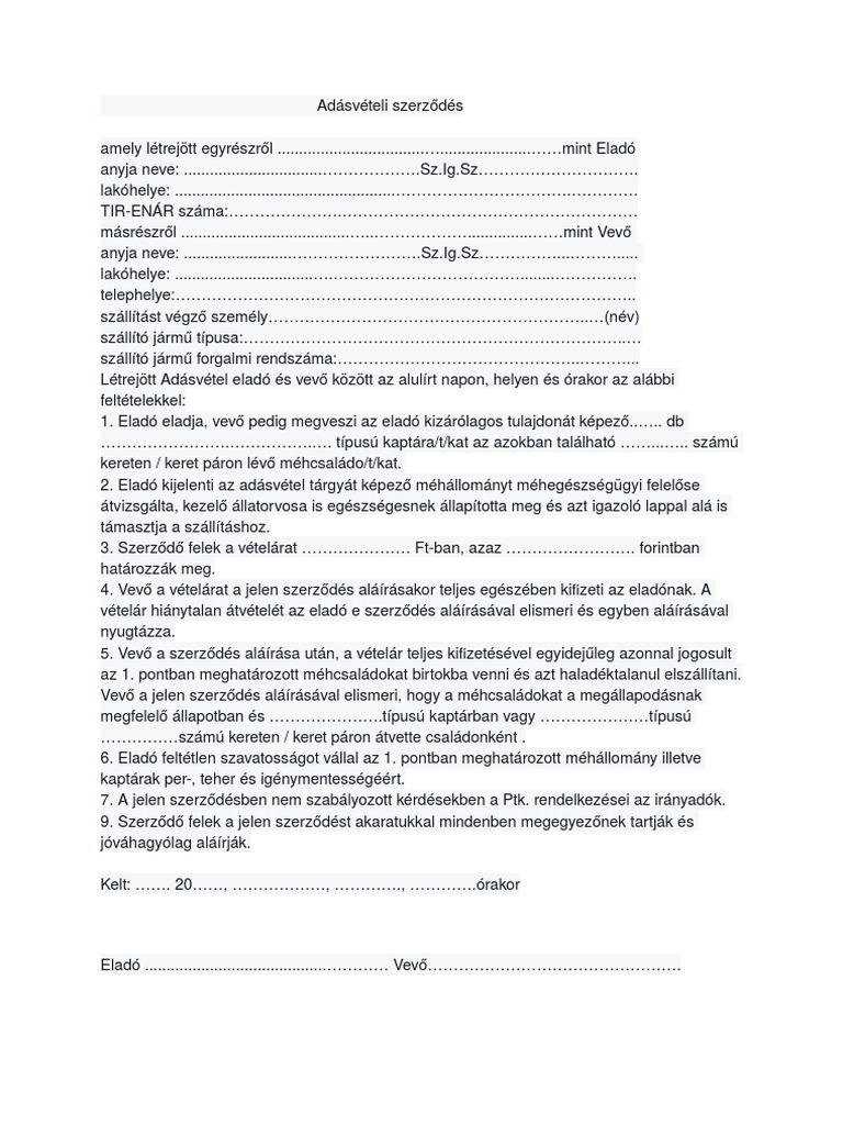 Adásvételi Szerződés Méhcsalád | PDF