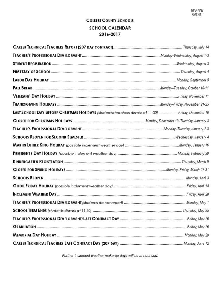 School Calendar 2016-2017 | PDF