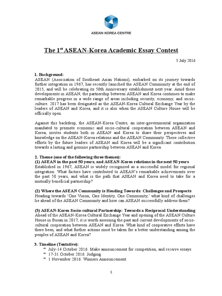 ASEAN-Korea Essay Contest 2016 | PDF | Association Of Southeast Asian ...