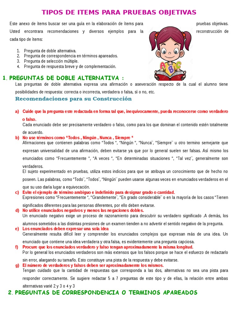 Tipos de Items Para Pruebas Objetivas | Verdad | Ciencia cognitiva ...