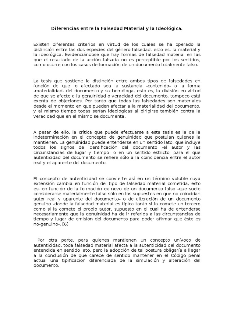 Diferencias Entre La Falsedad Material y La Ideológica. | PDF ...