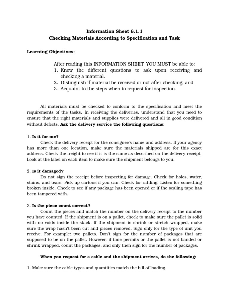 Information Sheet 6.1.1 Checking Materials According To Specification ...
