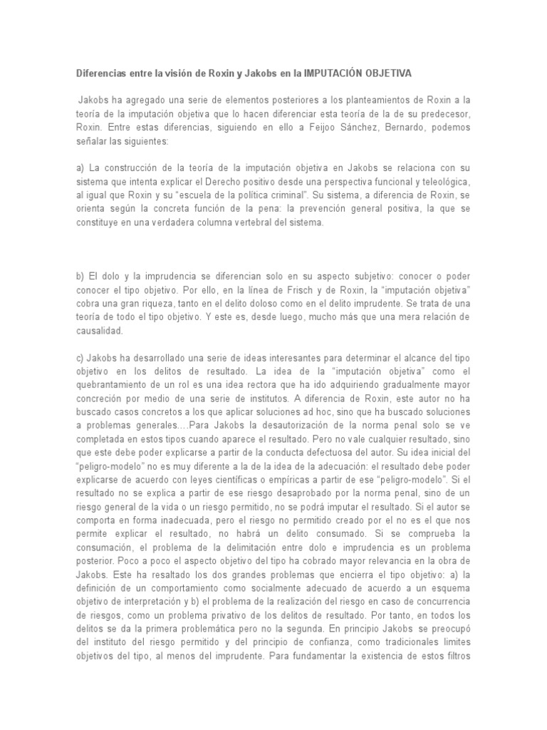 Diferencias Entre La Visión de Roxin y Jakobs en La IMPUTACIÓN OBJETIVA ...
