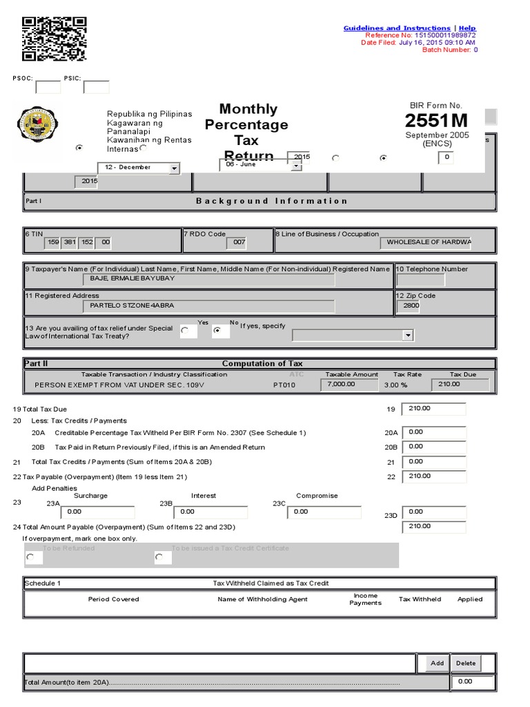 Monthly Percentage Tax Return: Republika NG Pilipinas Kagawaran NG ...