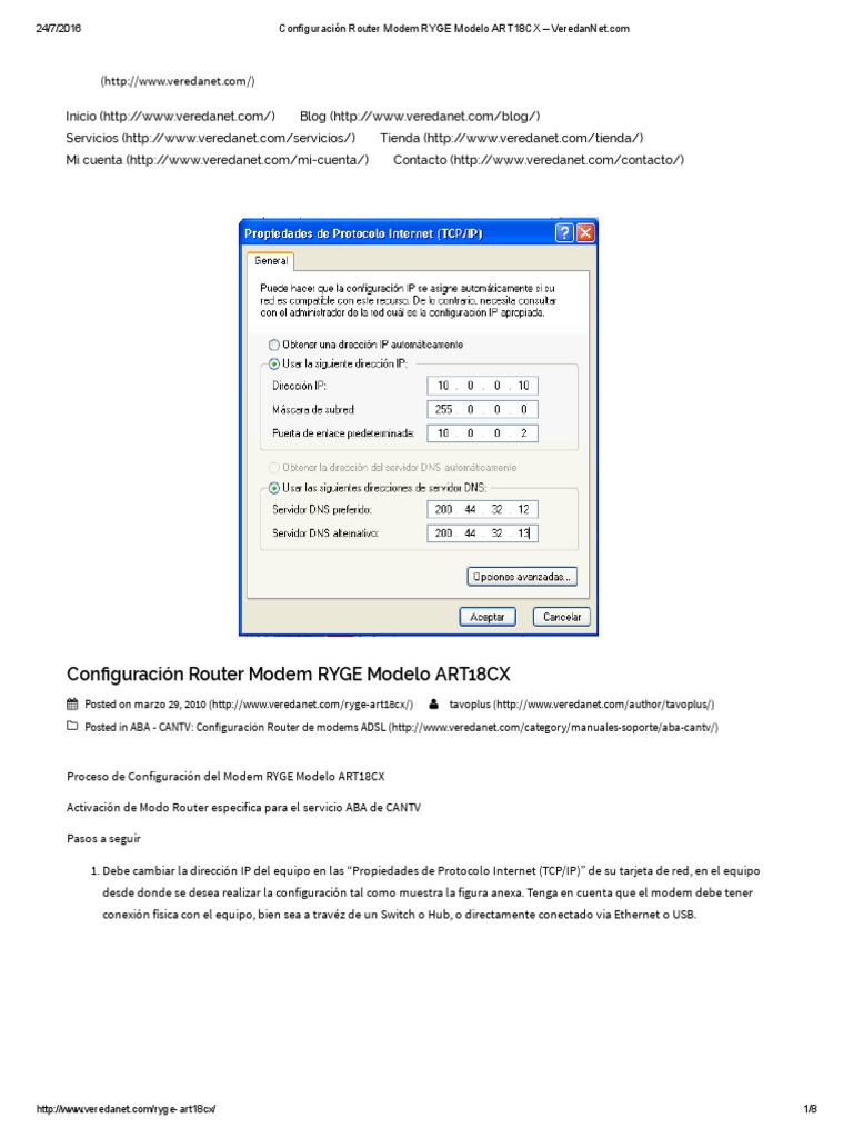 Configuración Router Modem RYGE Modelo ART18CX - VeredanNet | PDF ...