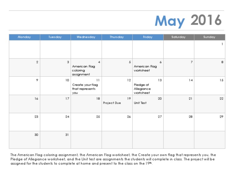 Classroom Calendar May 2016 | PDF
