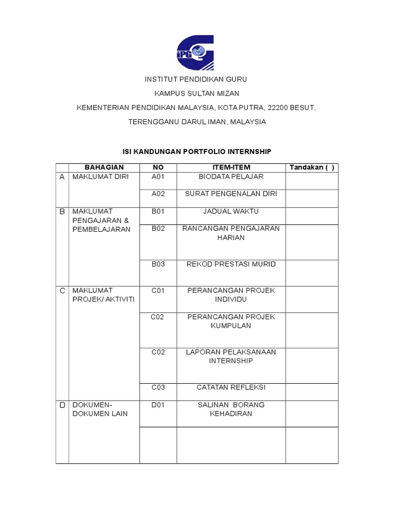 Senarai Kandungan Portfolio Internship Sem 8 IPG | PDF