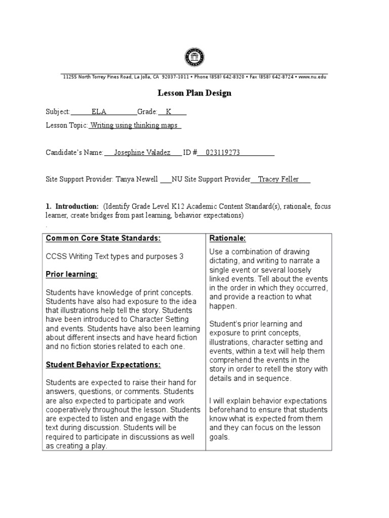 Lesson Plan Design: 1. Introduction: (Identify Grade Level K12 Academic ...