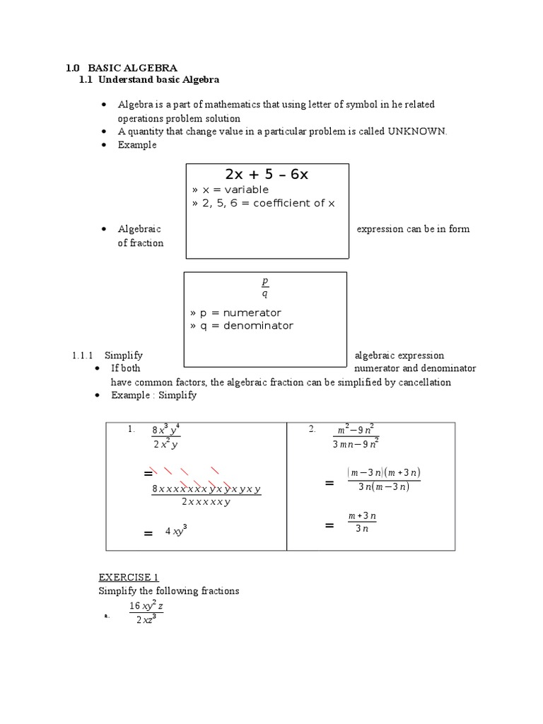 1.0 Basic Algebra 1.1 Understand Basic Algebra | PDF | Fraction ...