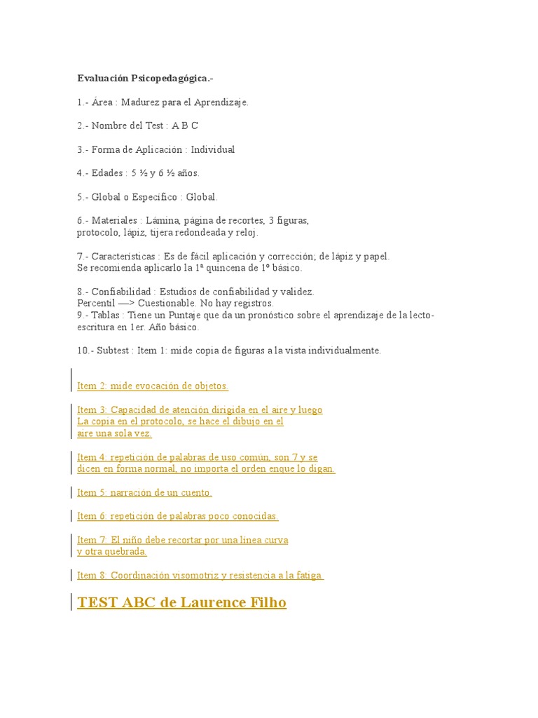 Test ABC de Laurence Filho: Evaluación de Madurez | PDF | Memoria ...