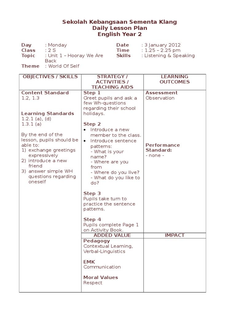 SK Sementa Daily Lesson Plan English Year 2 | PDF | Lesson Plan ...