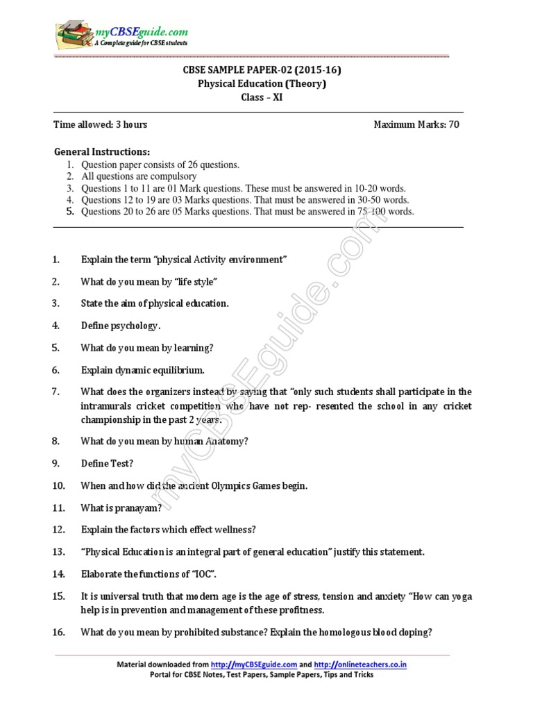 CBSE Class XI Physical Education Sample Paper | PDF