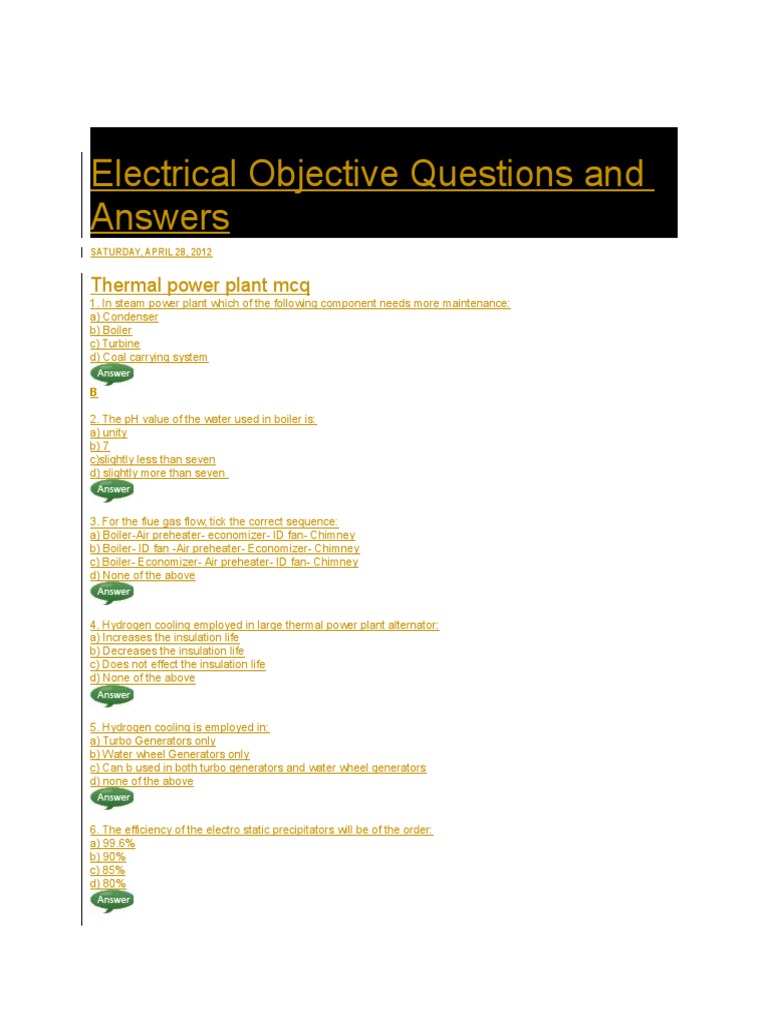 Thermal Power Plant MCQs with Answers | PDF | Boiler | Power Station