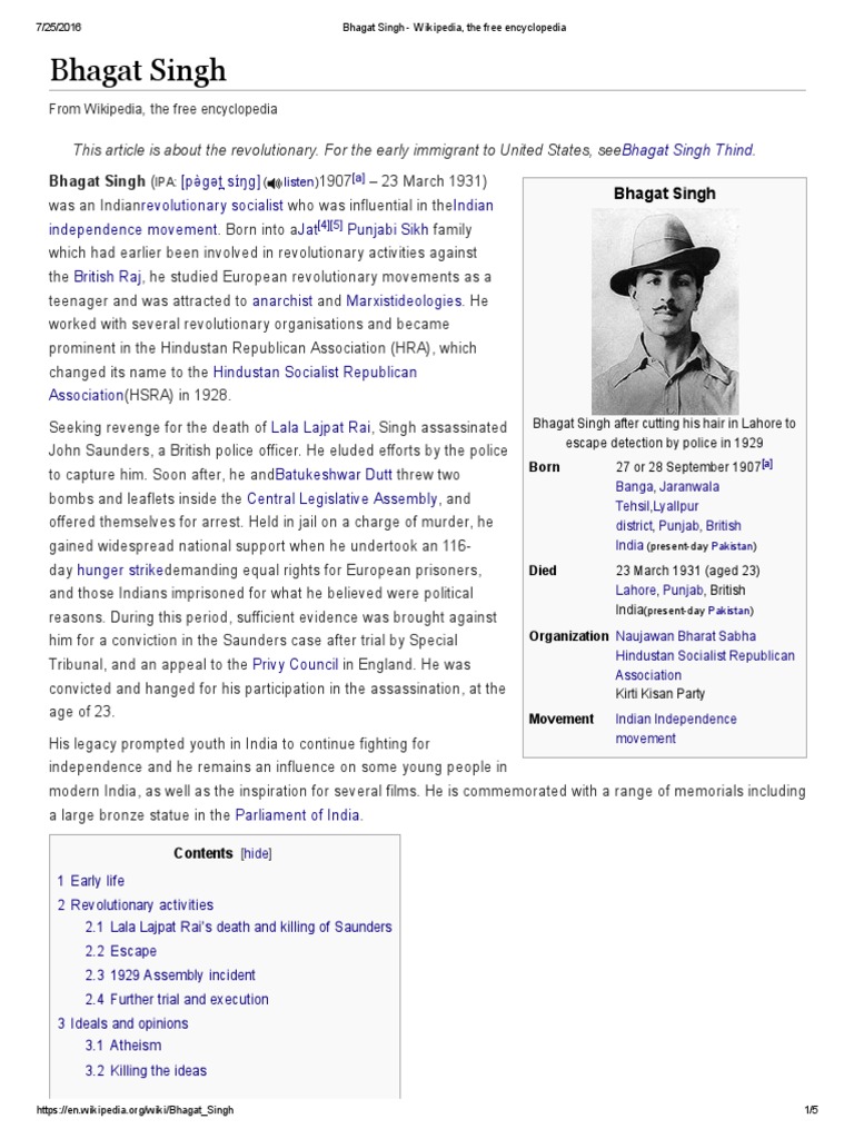 Bhagat Singh: This Article Is About The Revolutionary. For The Early ...