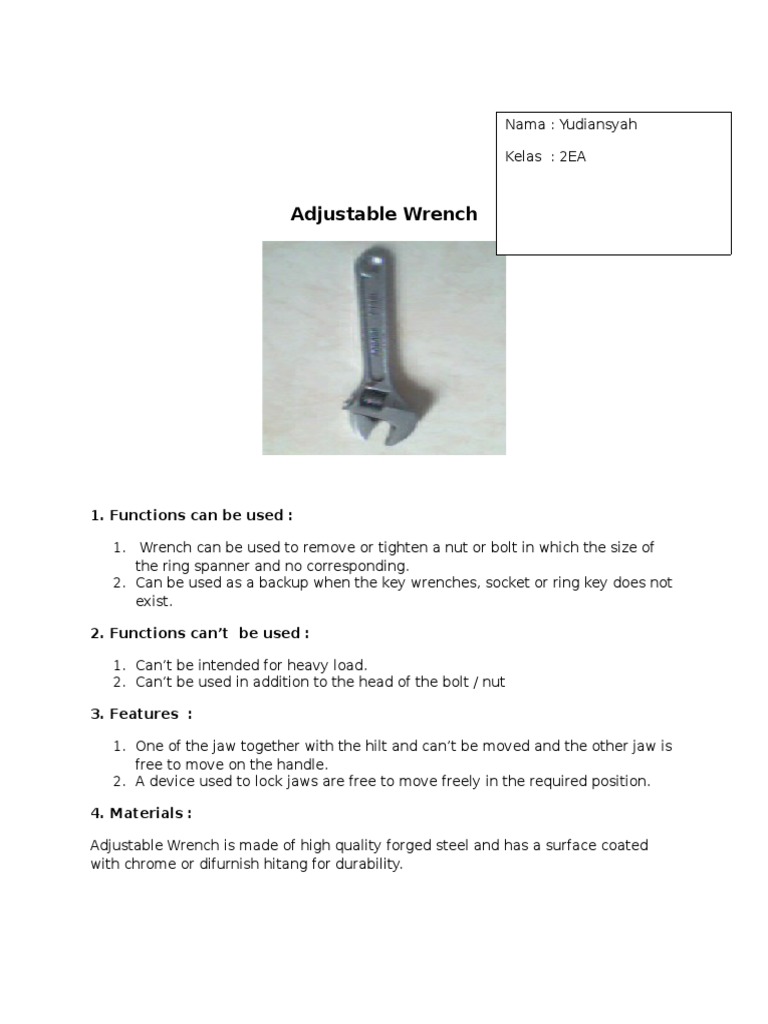 Adjustable Wrench: Functions and Uses | PDF