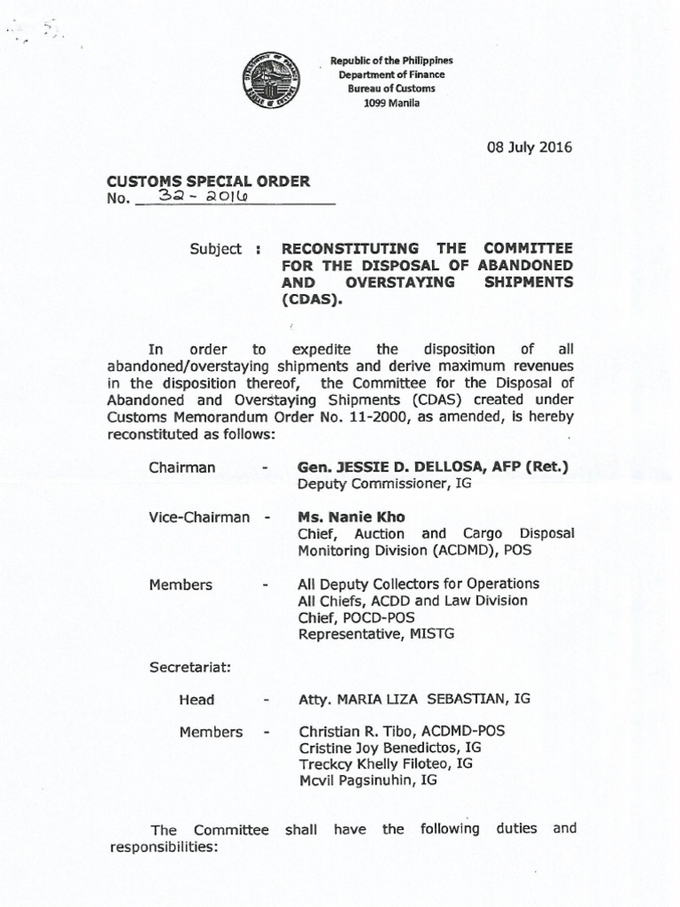 Customs Special Order 32-2016 | PDF