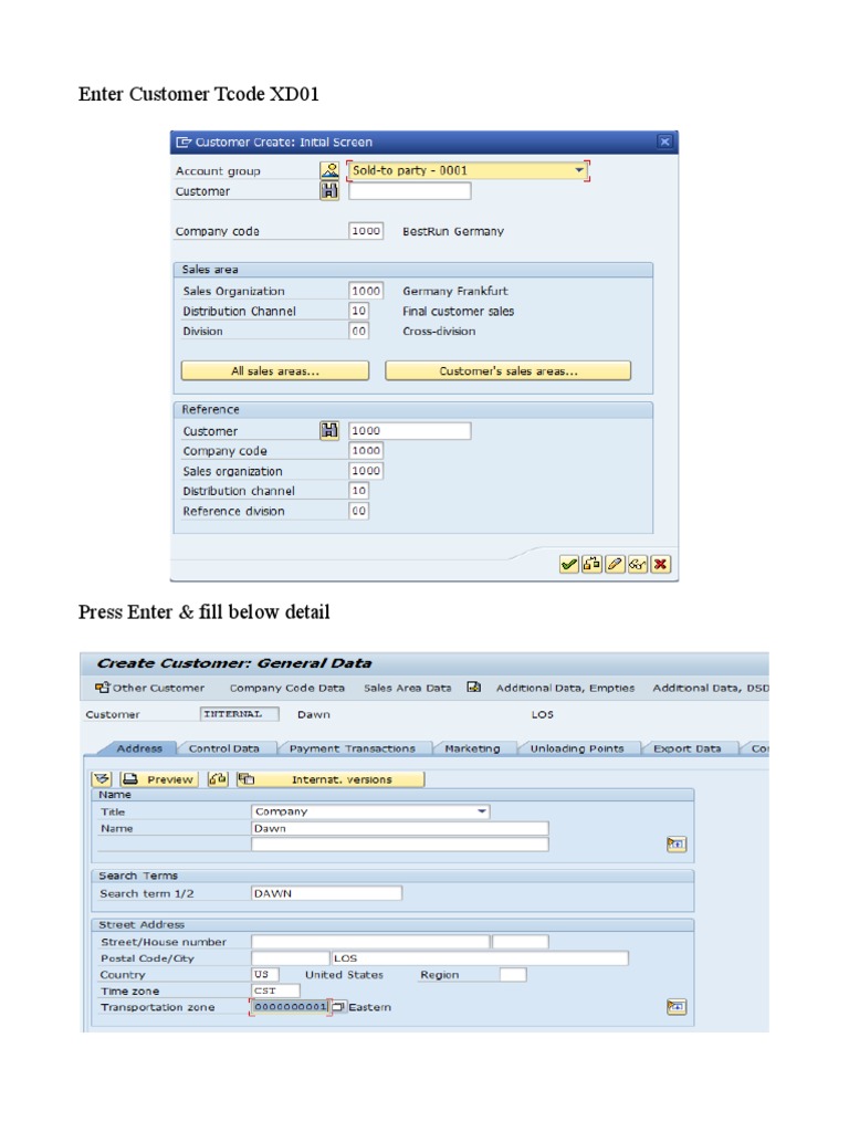 Enter Customer Tcode XD01 | PDF