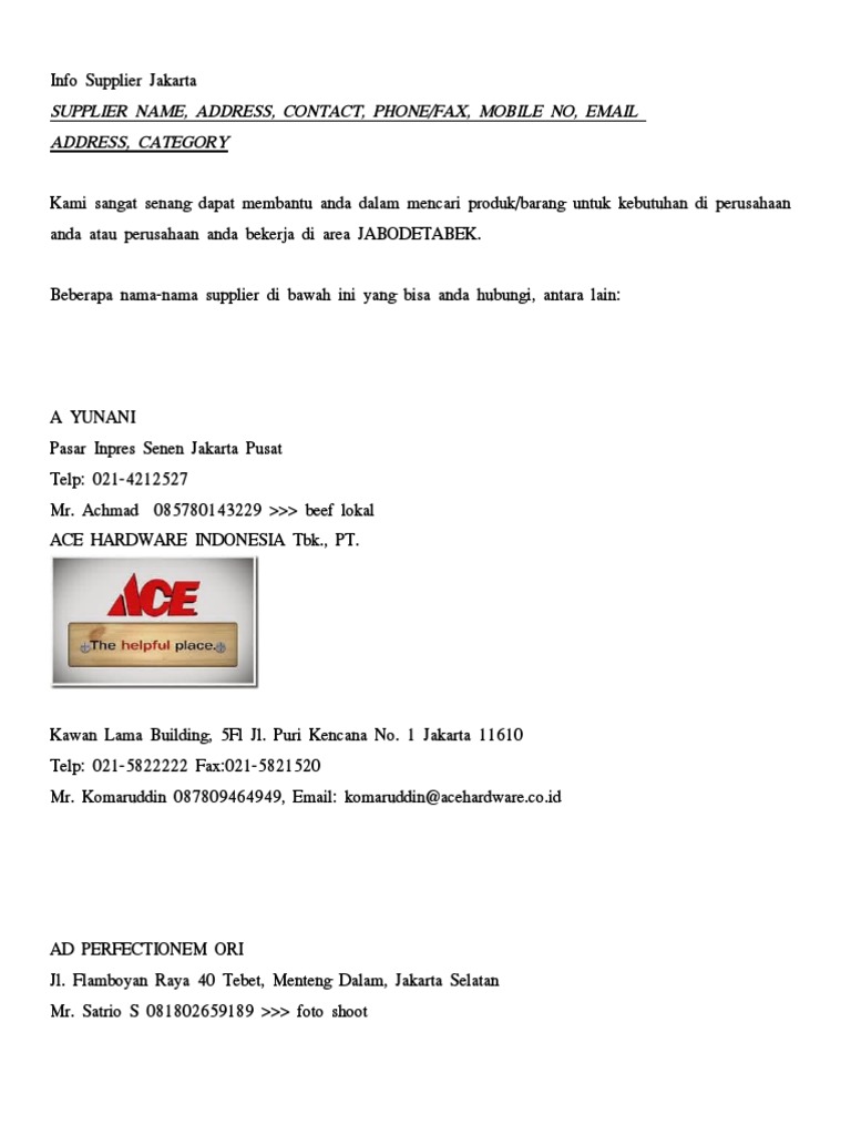 Daftar Supplier di Jakarta | PDF