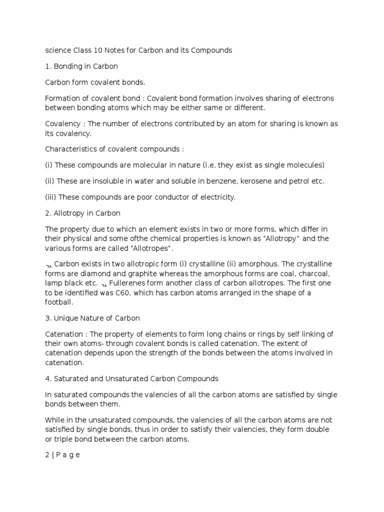 Science Class 10 Notes For Carbon and Its Compounds | PDF | Alcohol ...