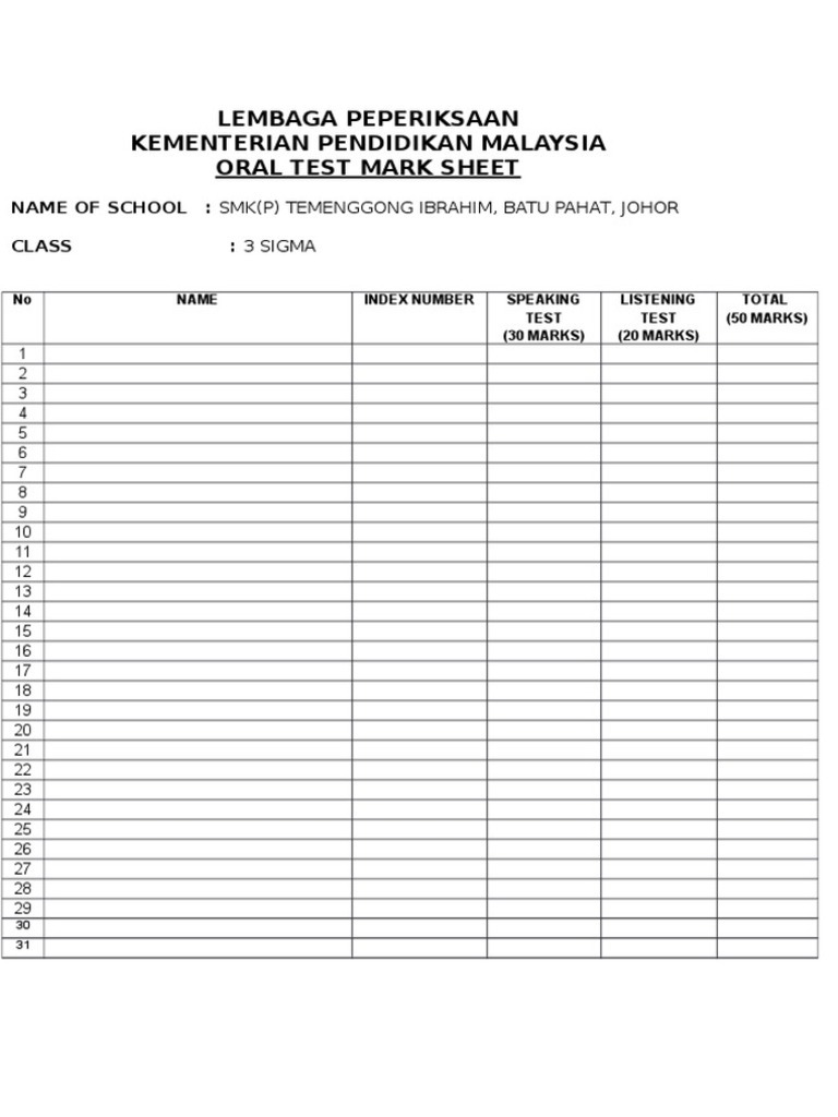 Oral Test Mark Sheet | PDF