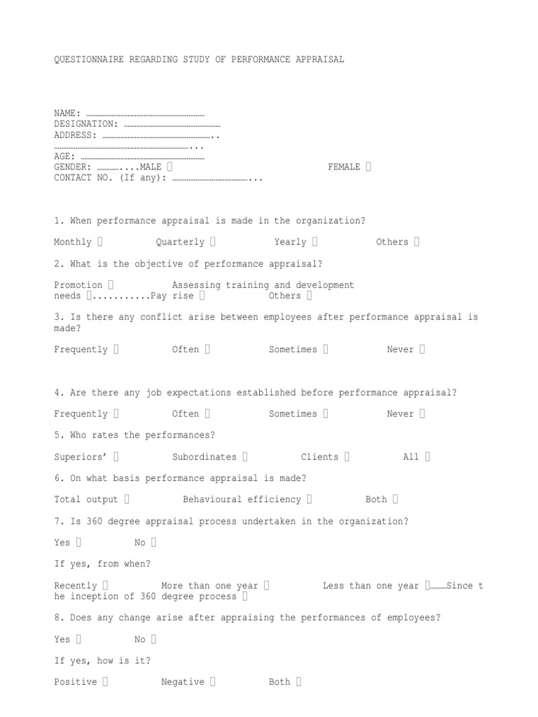 Questionnaire For Performance Appraisal 30+ Free Performance Review