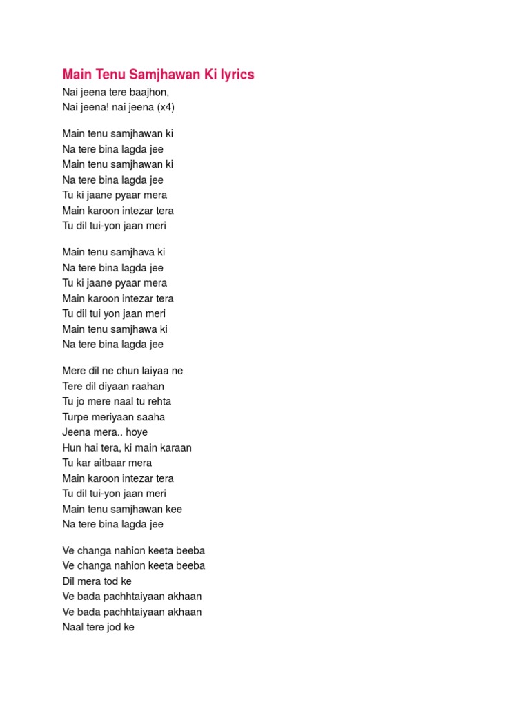 Main Tenu Samjhawan Ki Lyrics | PDF