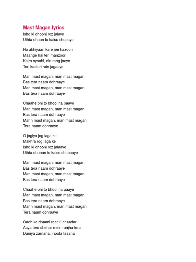 Mast Magan Lyrics | PDF