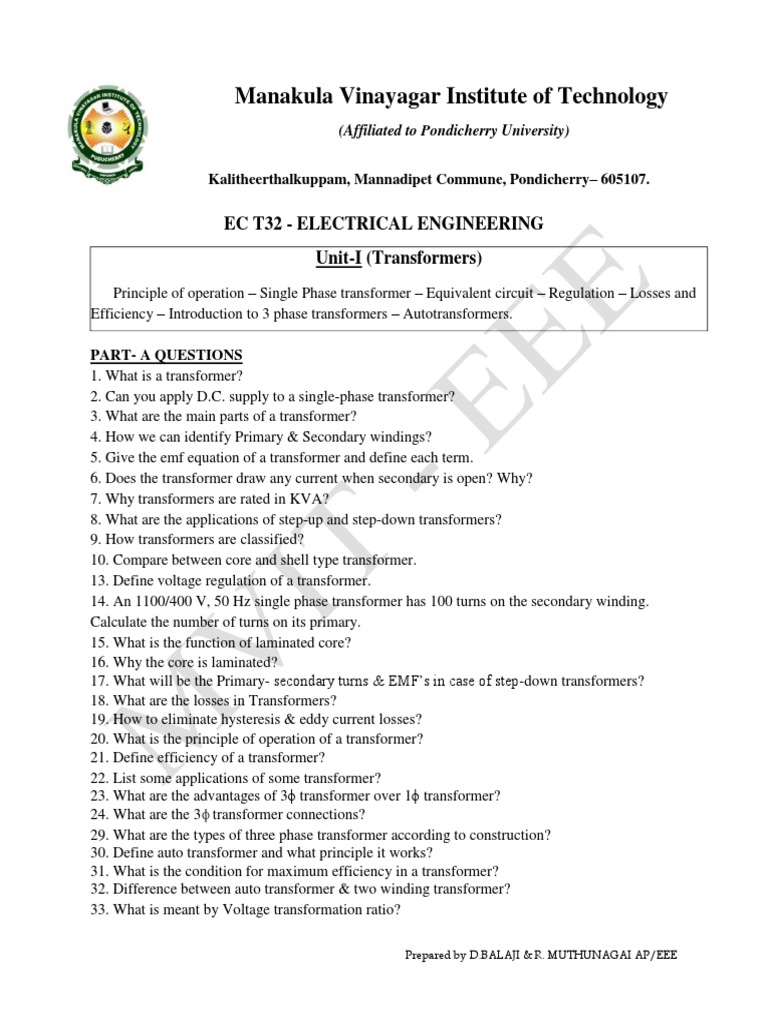 Ee Question Bank PDF | PDF | Transformer | Electric Motor
