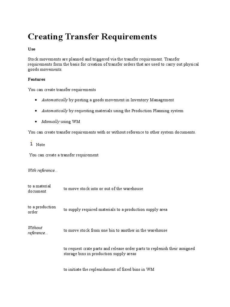 Transfer Requirement in SAP WM | PDF | Warehouse | Inventory