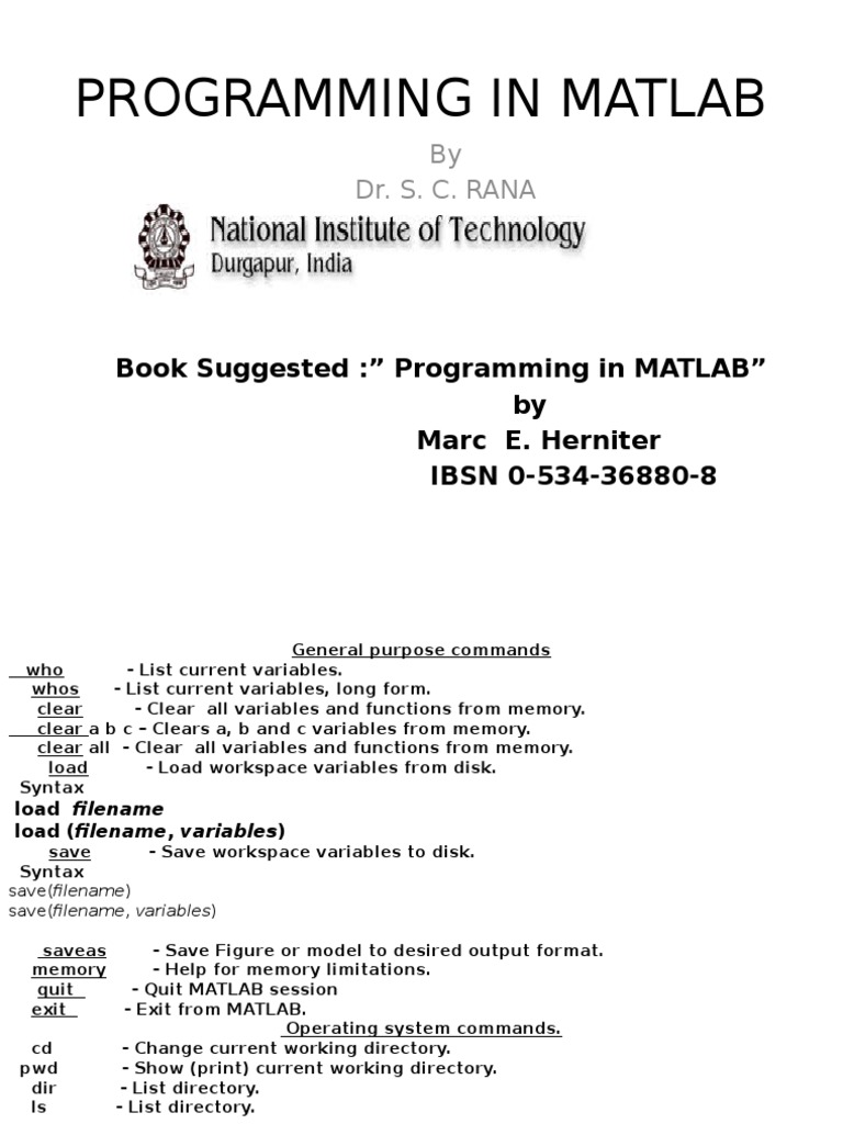 Programming in Matlab | PDF | Matrix (Mathematics) | Array Data Structure