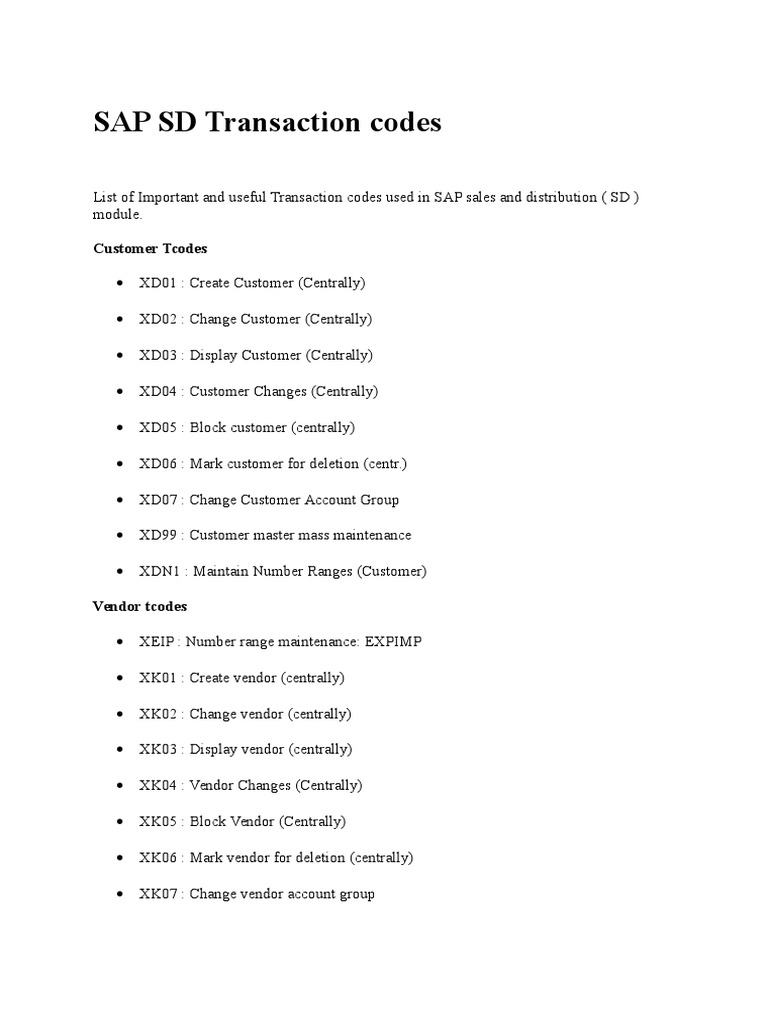 SAP SD Transaction Codes List PDF Payments Sales, 57% OFF