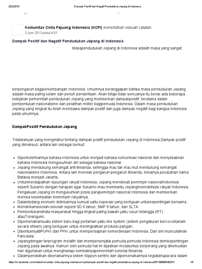 Dampak Positif Dan Negatif Pendudukan Jepang Di Indonesia | PDF