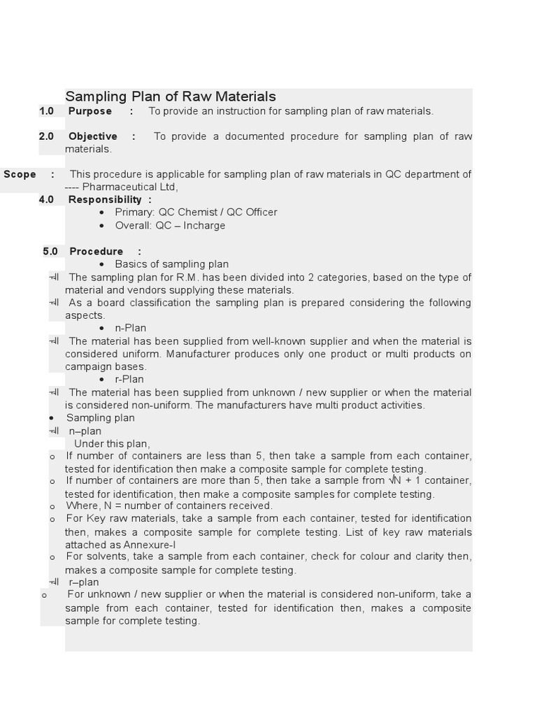 Sampling Plan of Raw Materials | PDF