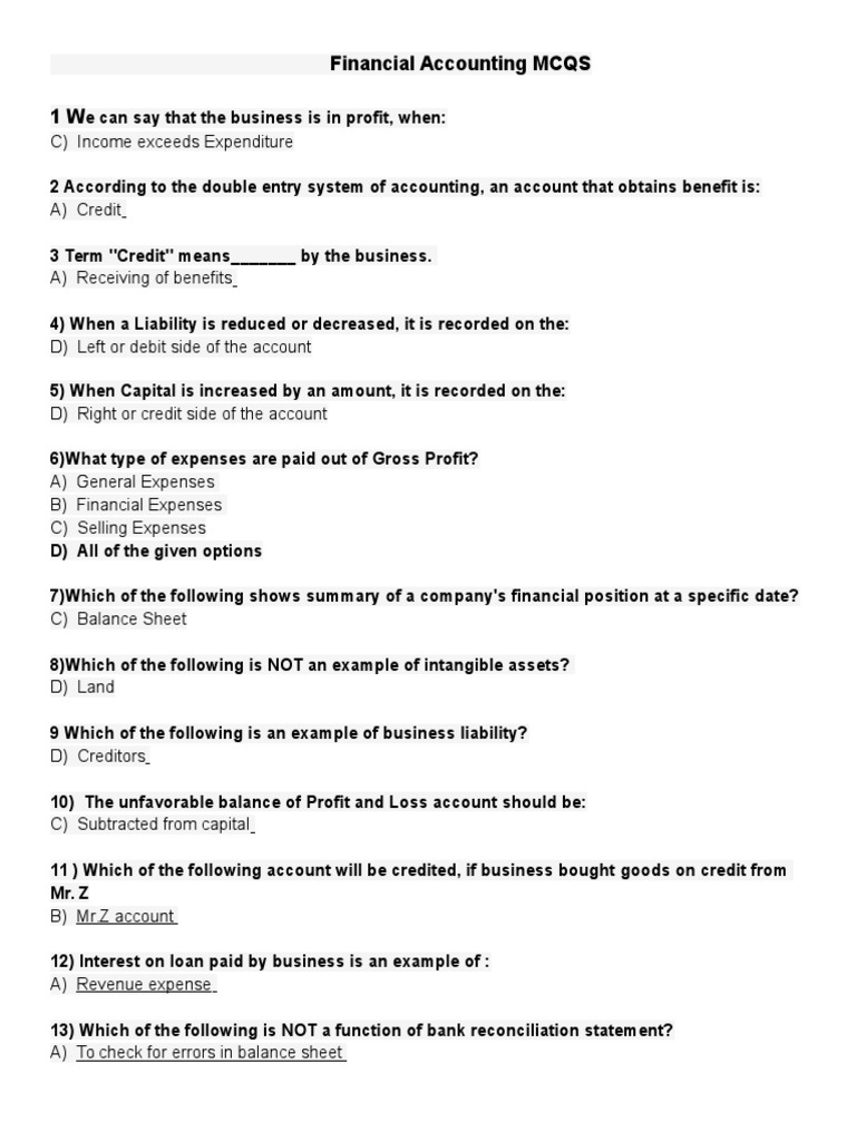 Financial Accounting Mcqs | PDF | Debits And Credits | Bookkeeping Financial Accounting Mcqs | PDF | Debits And Credits | Bookkeeping