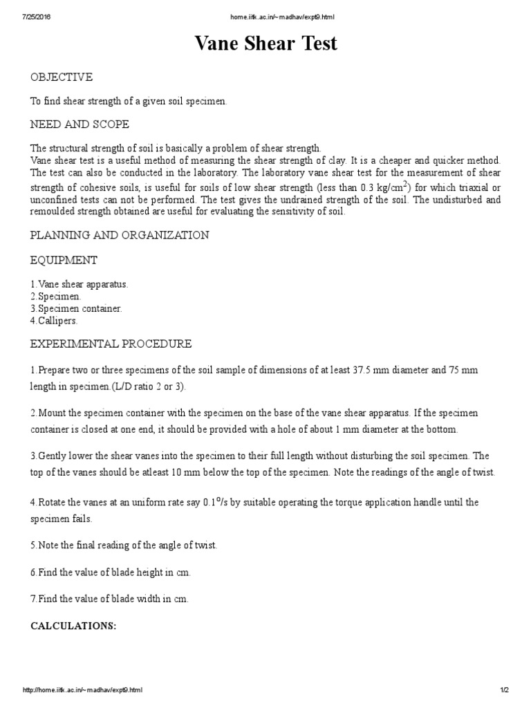 Vane Shear Test | PDF | Soil | Applied And Interdisciplinary Physics